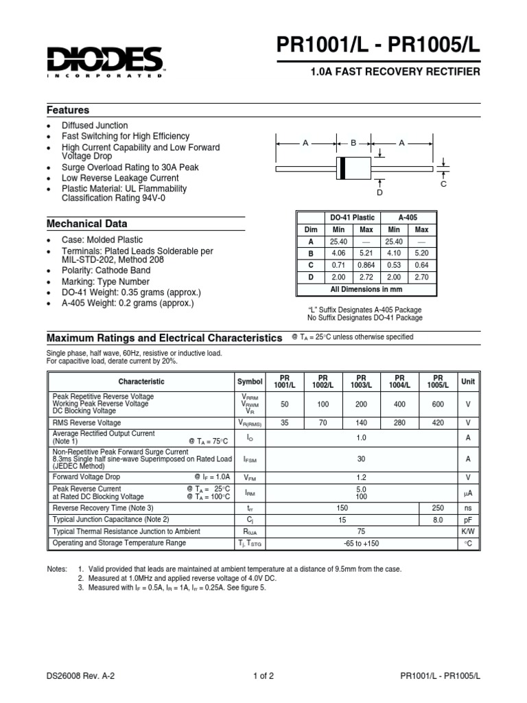 Data Sheet pr1001l | PDF | Rectifier | Capacitor