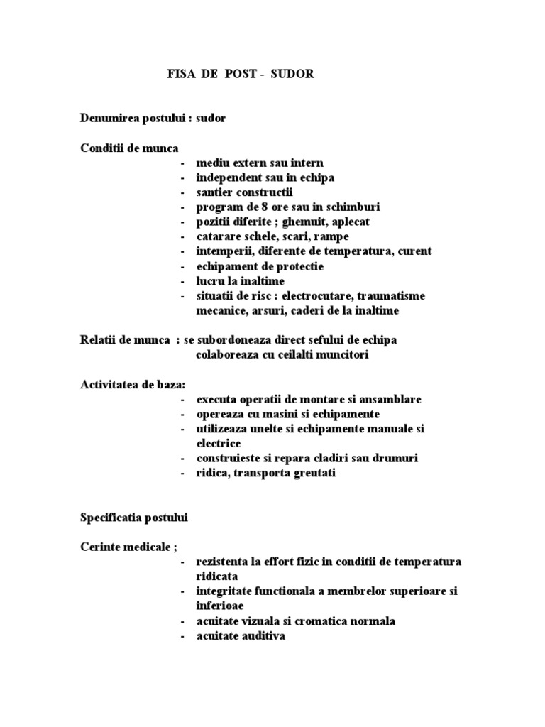 Sudor - Fisa postului | PDF