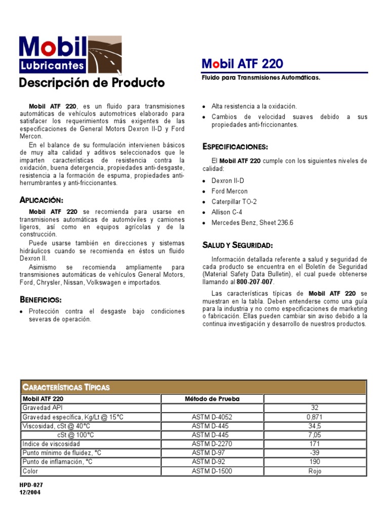 Mobil ATF 220: Fluido para Transmisiones | PDF | Transmisión automática ...