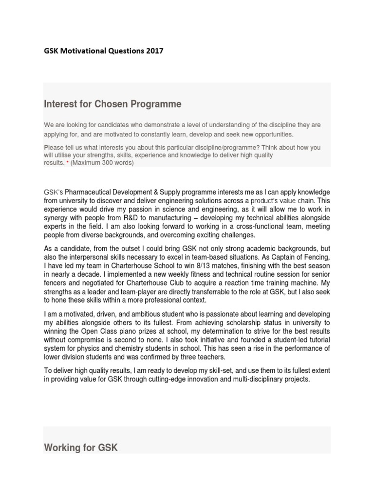 GSK Motivational Questions 2017 | PDF | Glaxo Smith Kline | Health Care