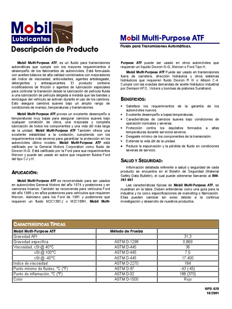 Mobil Multi-Purpose ATF: Fluido Automático | PDF | Lubricante ...