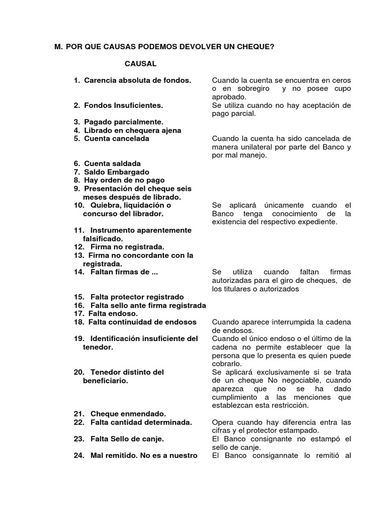 Causas Devolucion Cheque | Cheque | Bancario