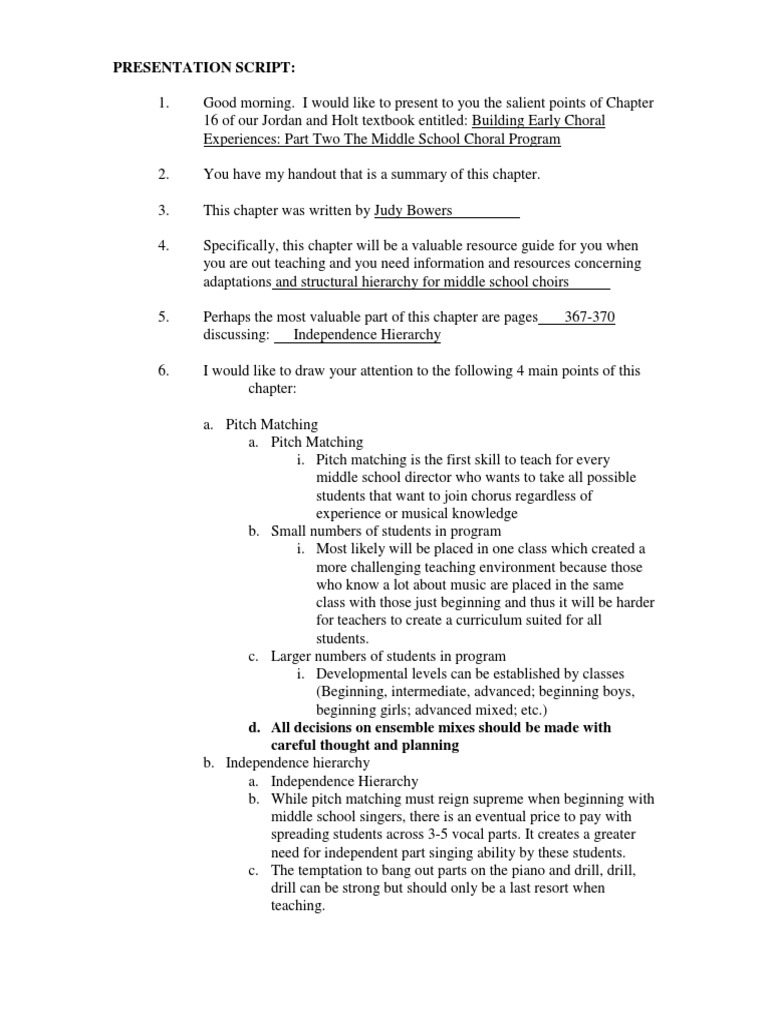 Middle School Choir Presentation Script Handout | PDF | Singing | Choir