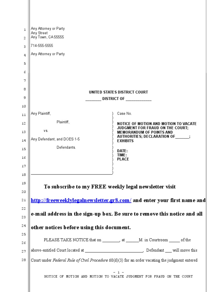 Sample Motion To Vacate Judgment For Fraud On The Court Under Rule 60 D ...
