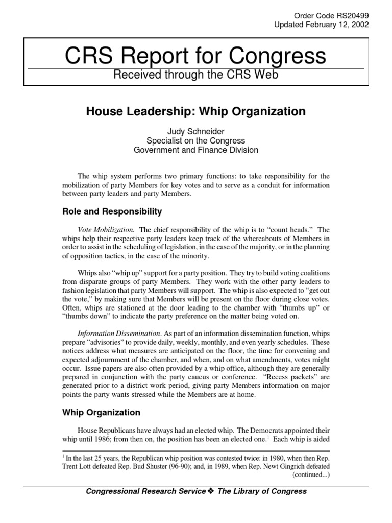 CRS Report For Congress - House Leadership: Whip Organization | PDF ...