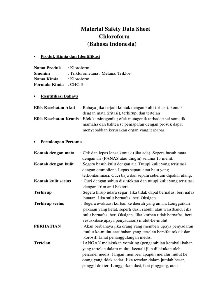 MSDS Chloroform Indo Inggris | PDF | Toksisitas | Peralatan ...