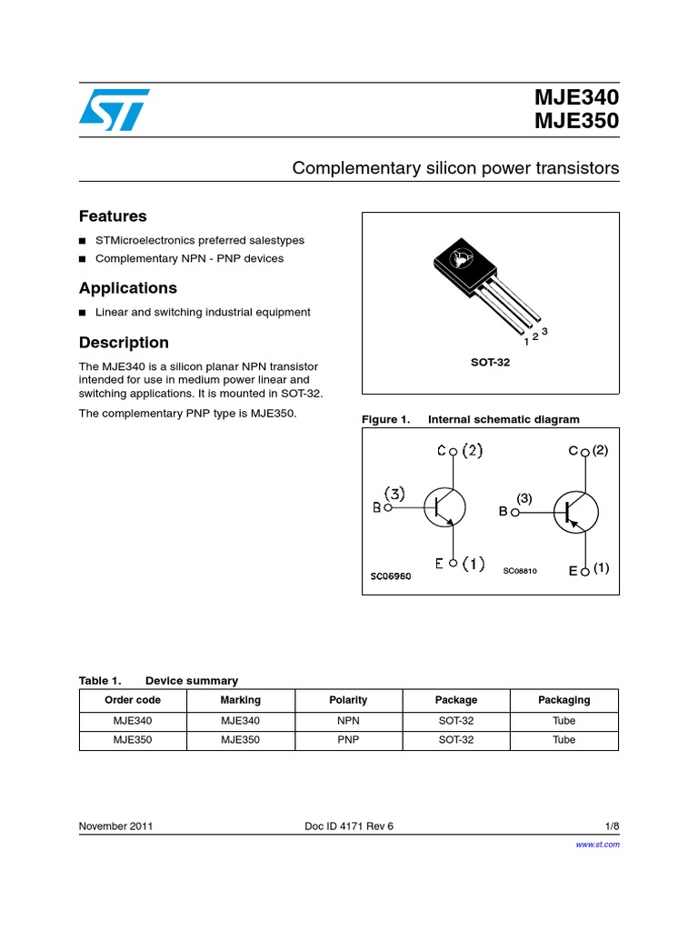 MJE340 MJE350: Complementary Silicon Power Transistors | PDF | Bipolar ...