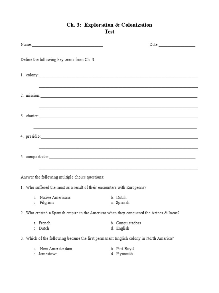 Ch. 3: Exploration & Colonization Test | PDF | Conquistador | Spanish ...