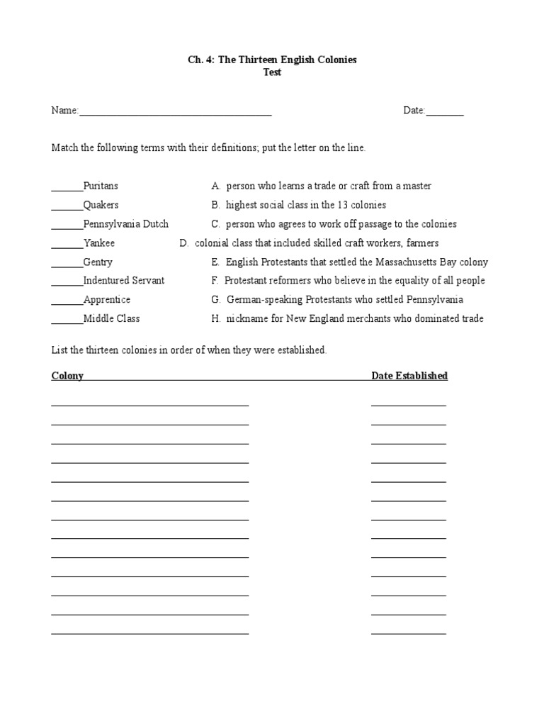 Ch. 4: The Thirteen English Colonies Test | PDF | Thirteen Colonies ...