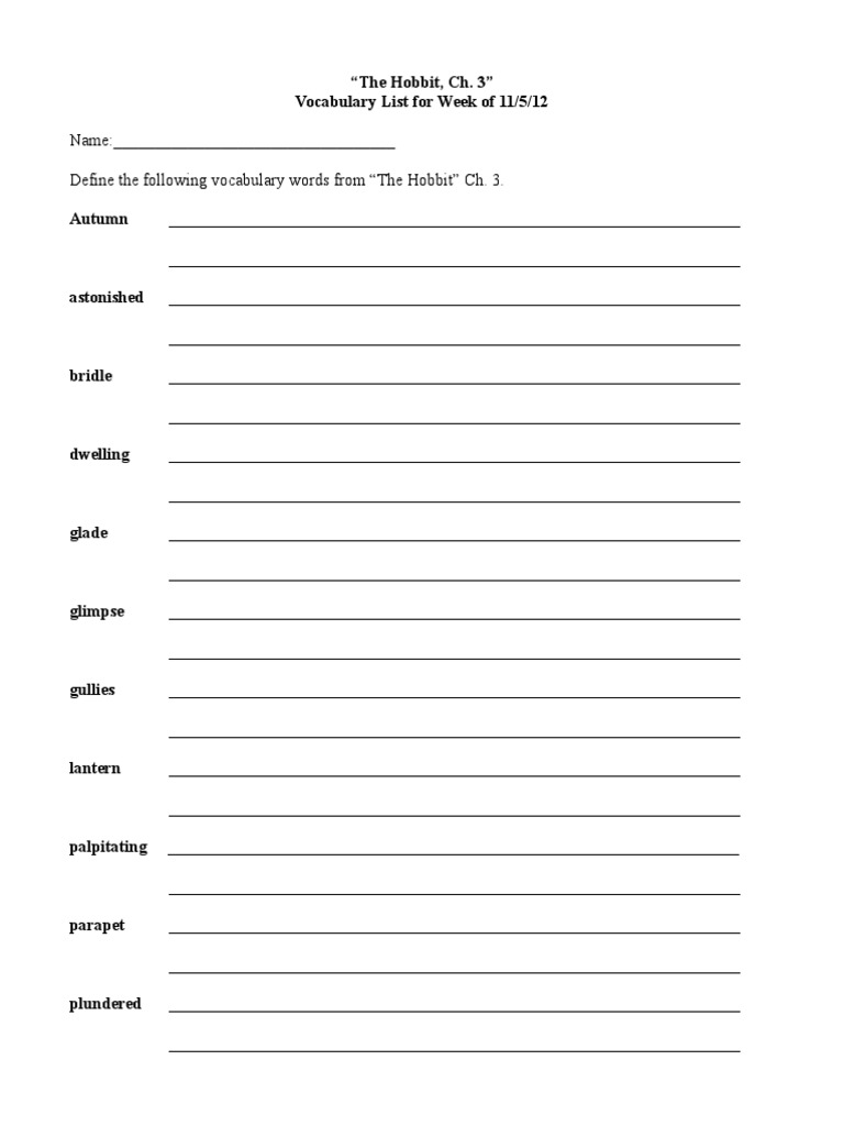 "The Hobbit, Ch. 3" Vocabulary List For Week of 11/5/12 | PDF