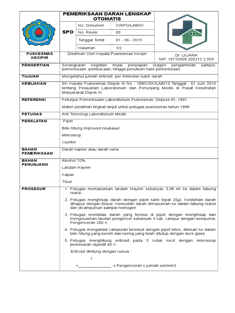 SPO Pemeriksaan Hitung Jumlah Eritrosit | PDF SPO Pemeriksaan Hitung Jumlah Eritrosit | PDF