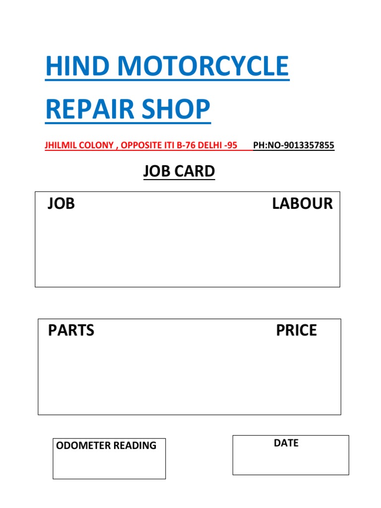 Hind Motorcycle Repair Shop: Job Card Job Labour | PDF