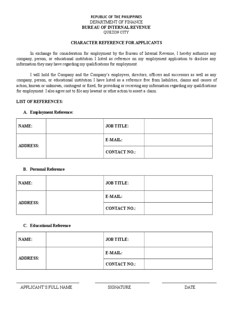BIR Form For Reference Release For Applicants