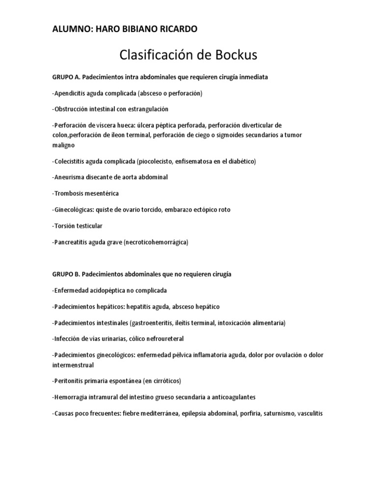 Clasificación de Bockus en abdomen agudo | PDF | Drogas que actúan ...