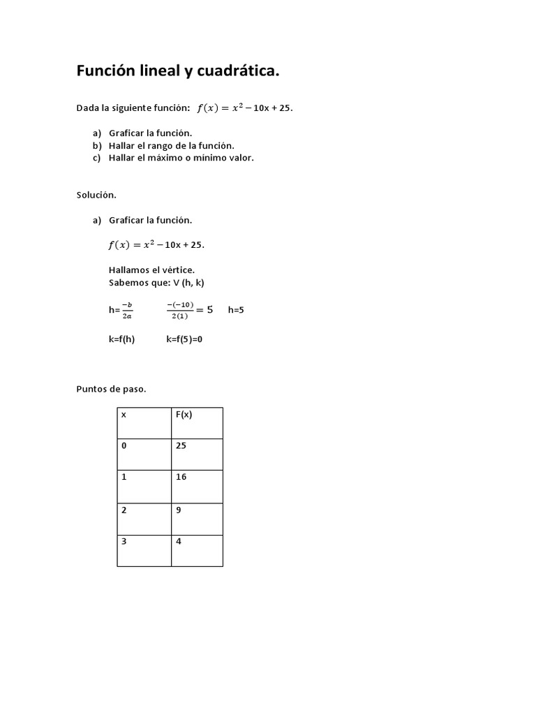 Ejercicios de Función Lineal y Cuadrática | PDF | Métodos y materiales ...