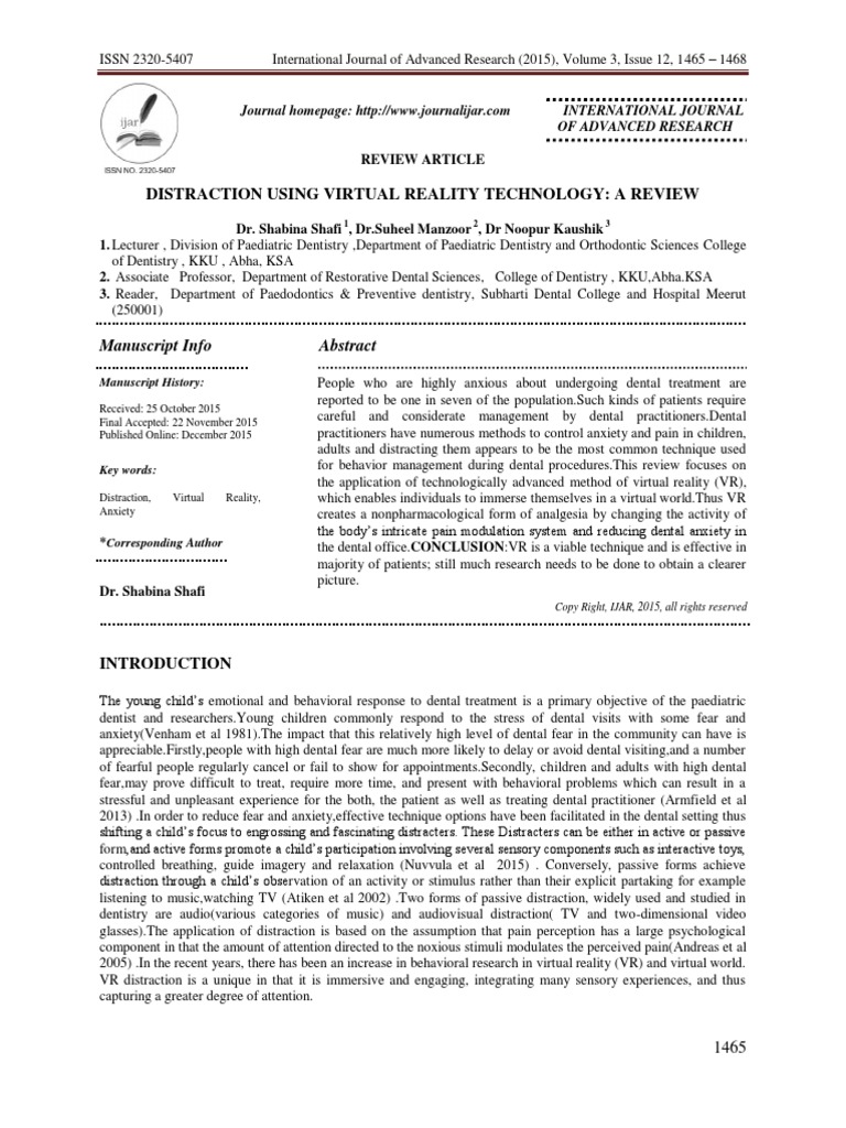Distraction Using Virtual Reality Technology: A Review: Manuscript Info ...