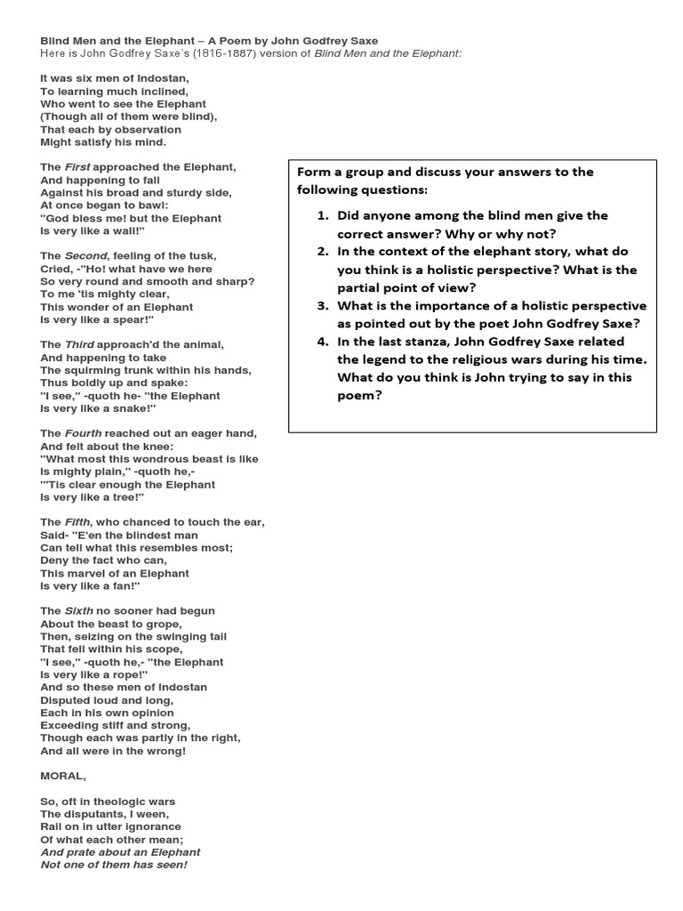 Blind Men and the Elephant Poem Analysis | PDF | Elephant | Religion ...
