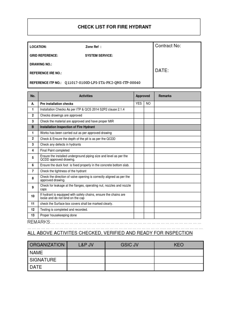 Check List For Fire Hydrant | PDF