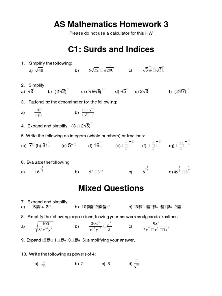 HW3 C1 Surds and Indices | PDF | Fraction (Mathematics) | Division (Mathematics)