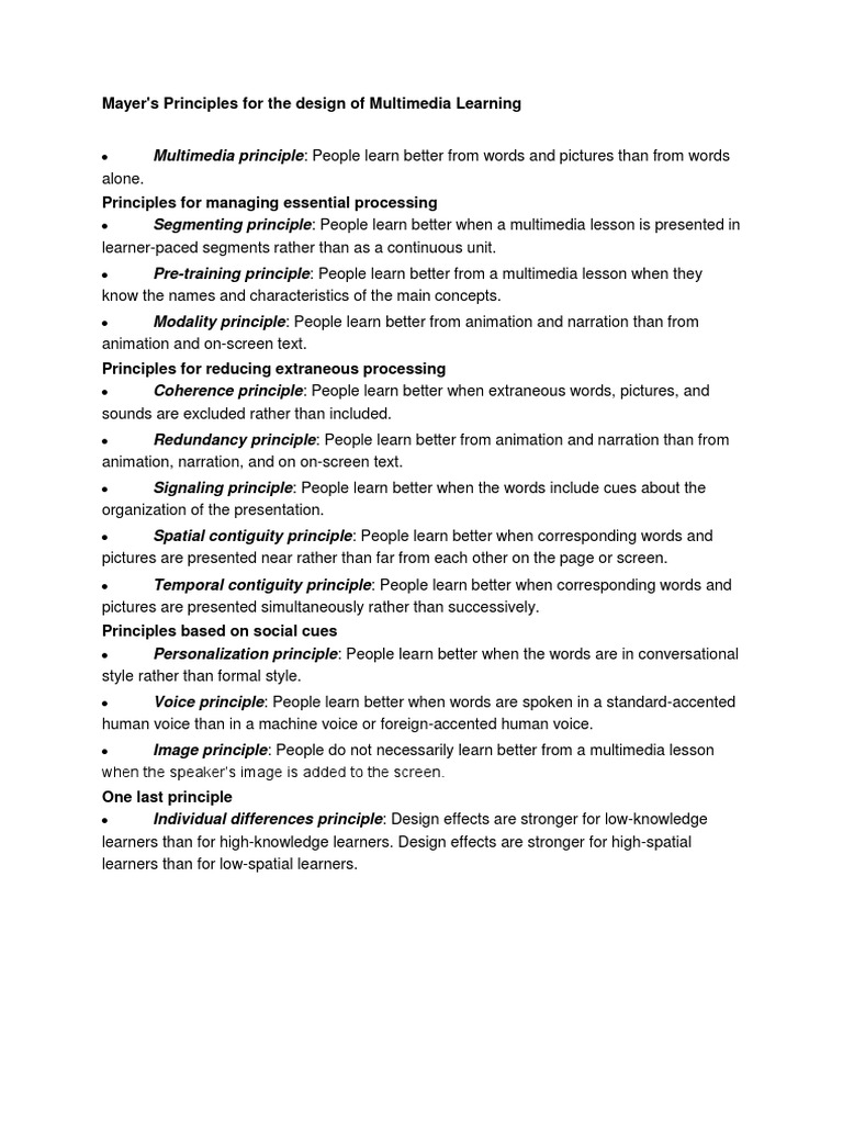 Mayer's Principles For The Design of Multimedia Learning | PDF