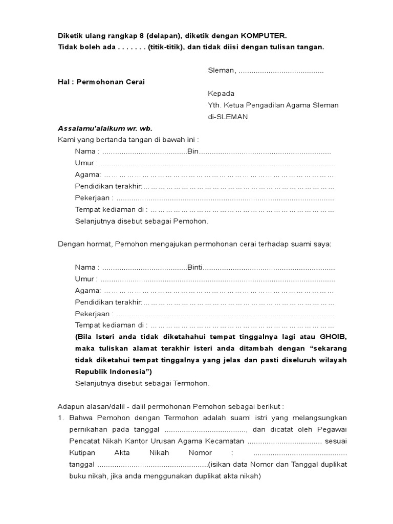 Format Contoh Surat Permohonan Cerai Talak (Suami Yang Mengajukan ...