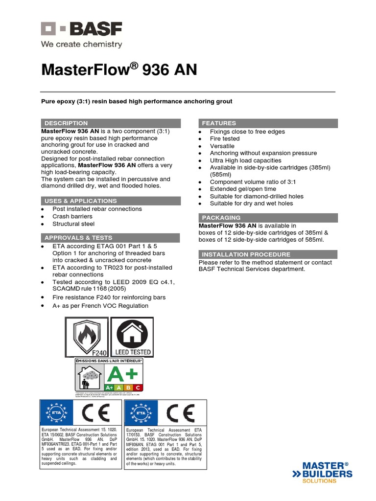 1.TDS Masterflow 936 An | PDF | Strength Of Materials | Concrete