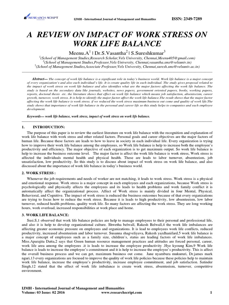 A Review On Impact of Work Stress On Work-Life Balance | PDF ...