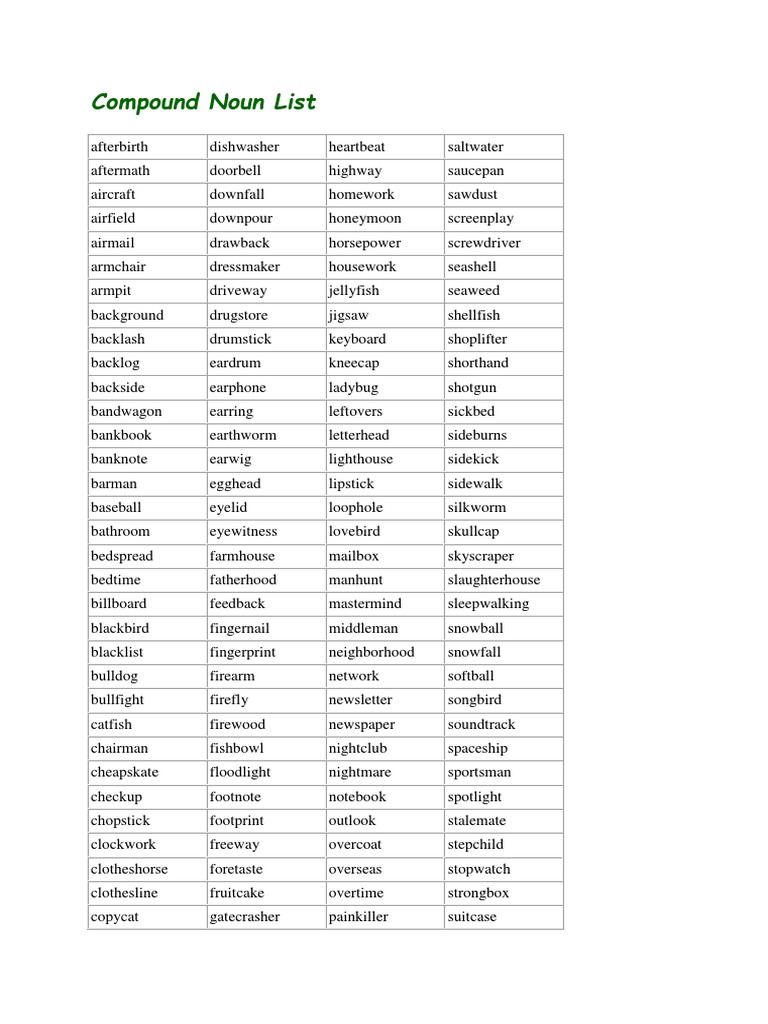 Compound Noun List | PDF | Style (Fiction) | Language Mechanics