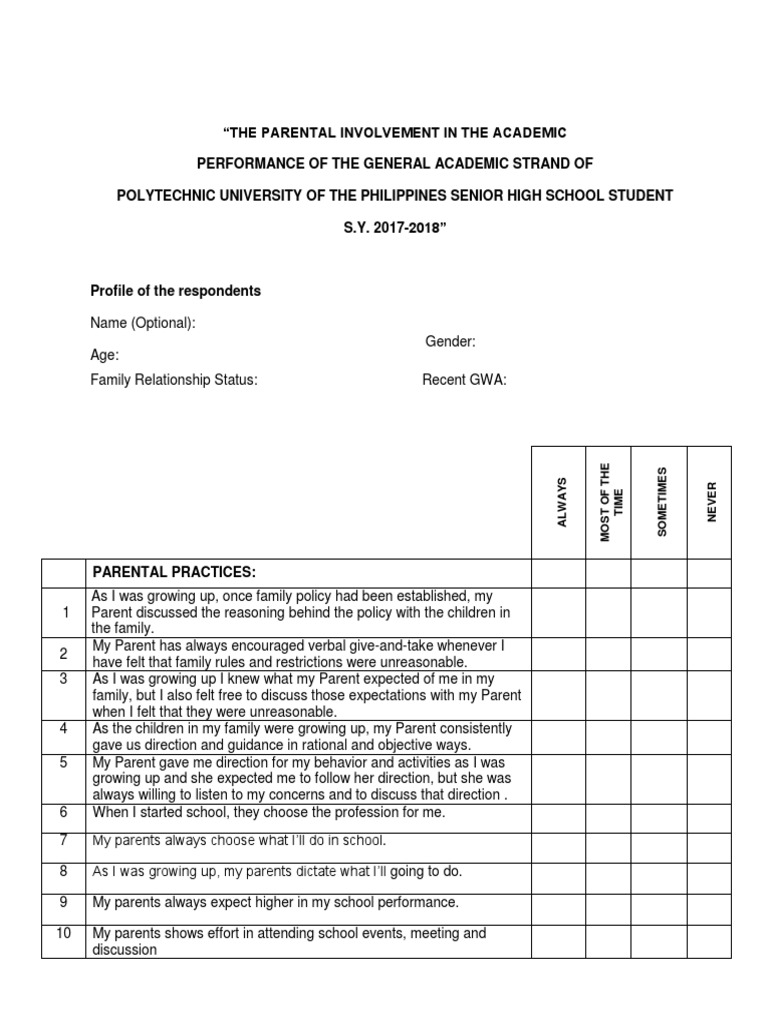 Parental Support Questionaire | Questionnaire | Quality Of Life