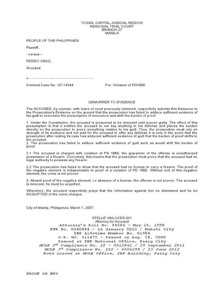 234200262 Demurrer to Evidence Sample Form | Prosecutor | Evidence