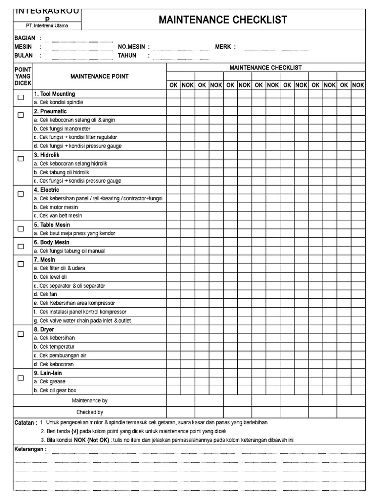 Checklist Perawatan Mesin Terperinci | PDF | Pengelolaan Keuangan & Uang