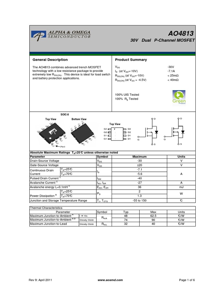 Ao4813 Complete Datasheet | PDF | Diode | Field Effect Transistor