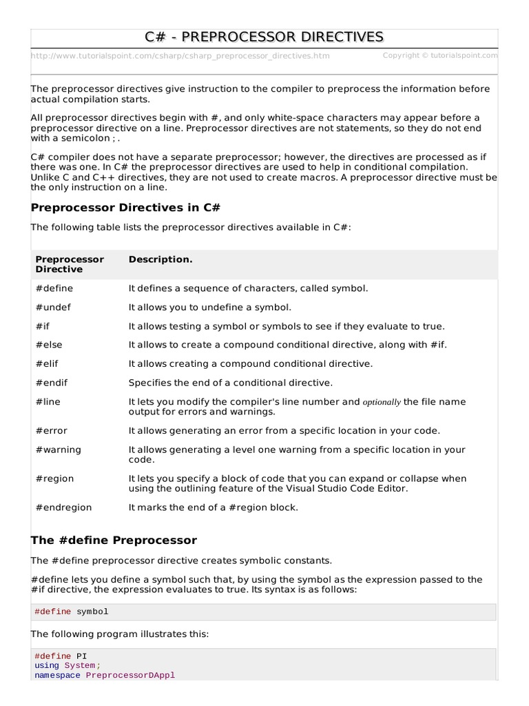 Csharp Preprocessor Directives Pdf C Sharp Programming Language Areas Of Computer Science