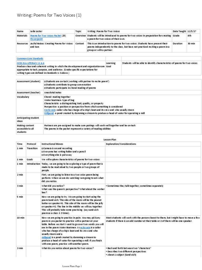 Writing Poems For Two Voices 1 | PDF | Educational Assessment | Cognition