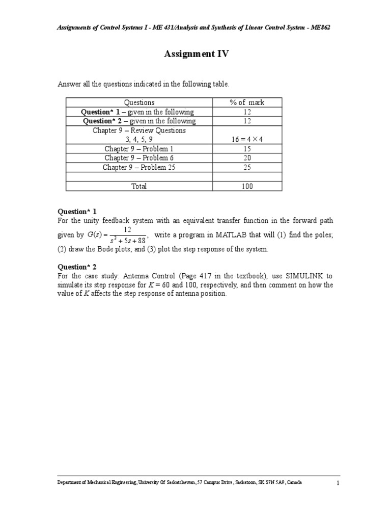 Control Systems I Assignment IV Guide | PDF | Cybernetics | Electronic ...