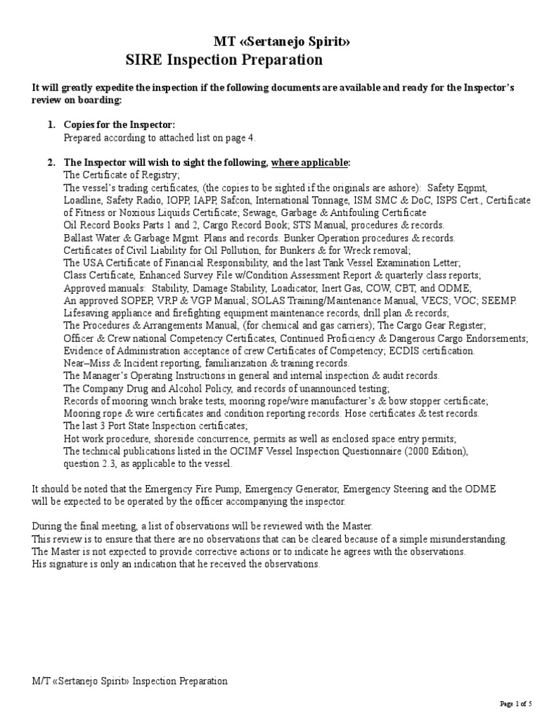 SIRE Inspection Preparation Document BLANK | Download Free PDF | Oil ...