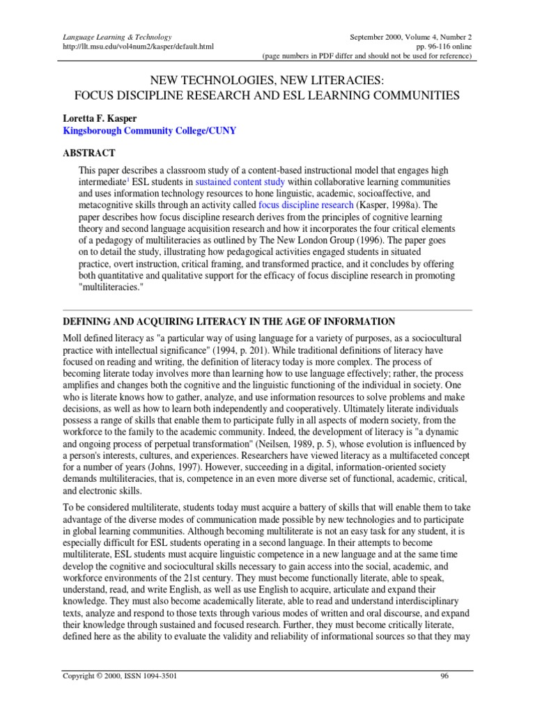 New Technologies, New Literacies | PDF | English As A Second Or Foreign ...