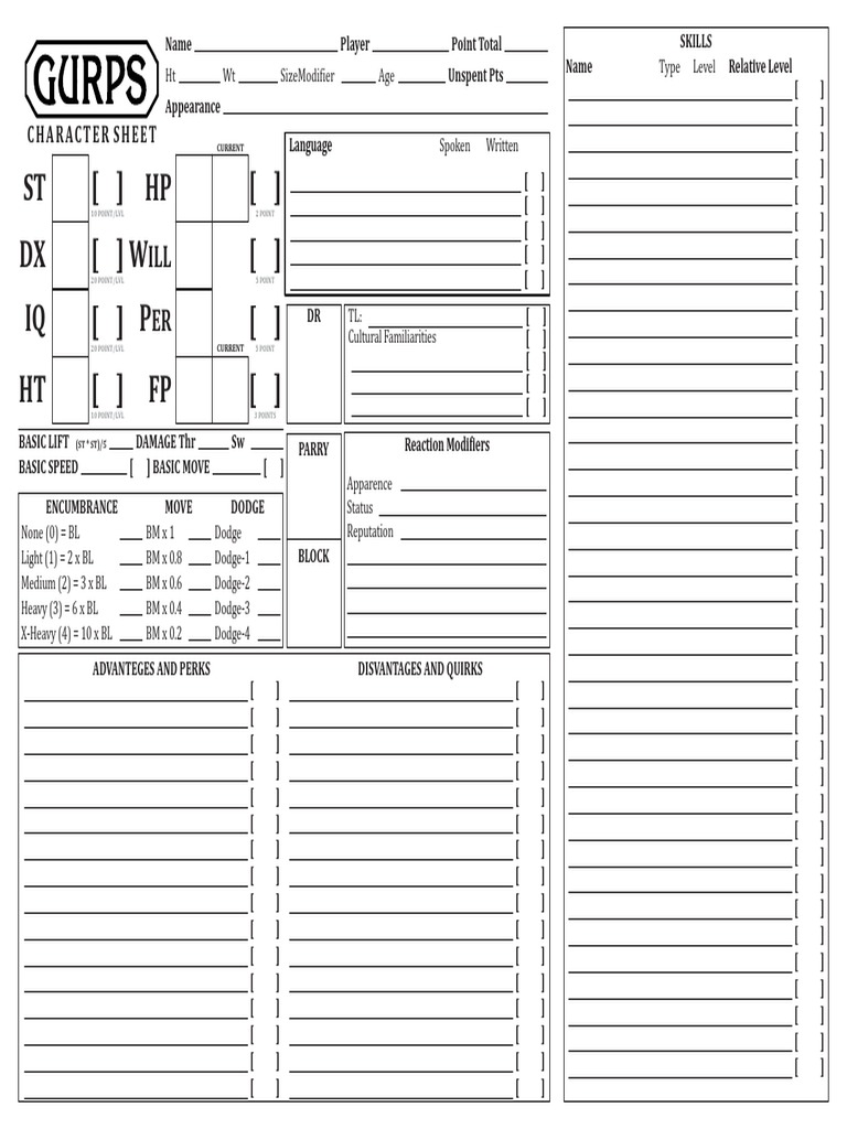 Gurps Character Sheet Landscape | PDF | Role Playing Games | Role Playing