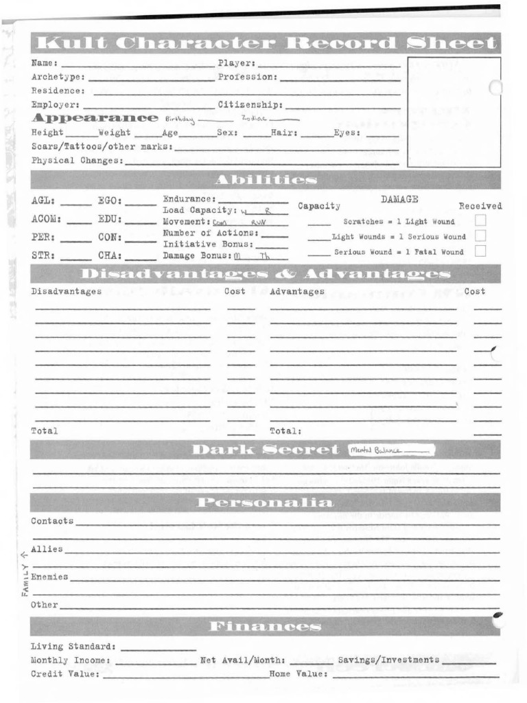 Kult Character Sheet | Military | Unrest