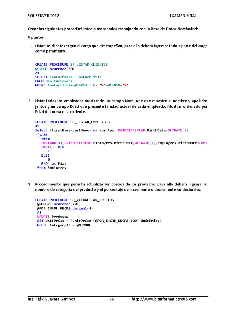 Examen Final de SQL Server 2012 - Procedimientos Almacenados | PDF ...