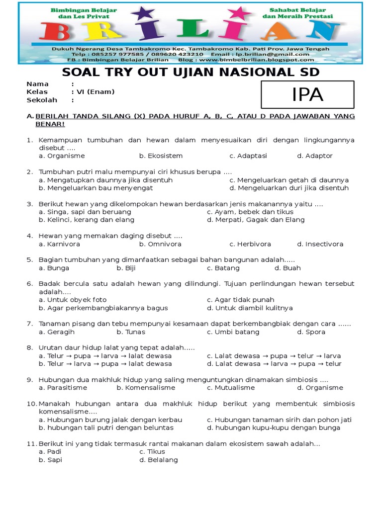 Soal Ujian Nasional IPA SD Dan Kunci Jawaban | PDF