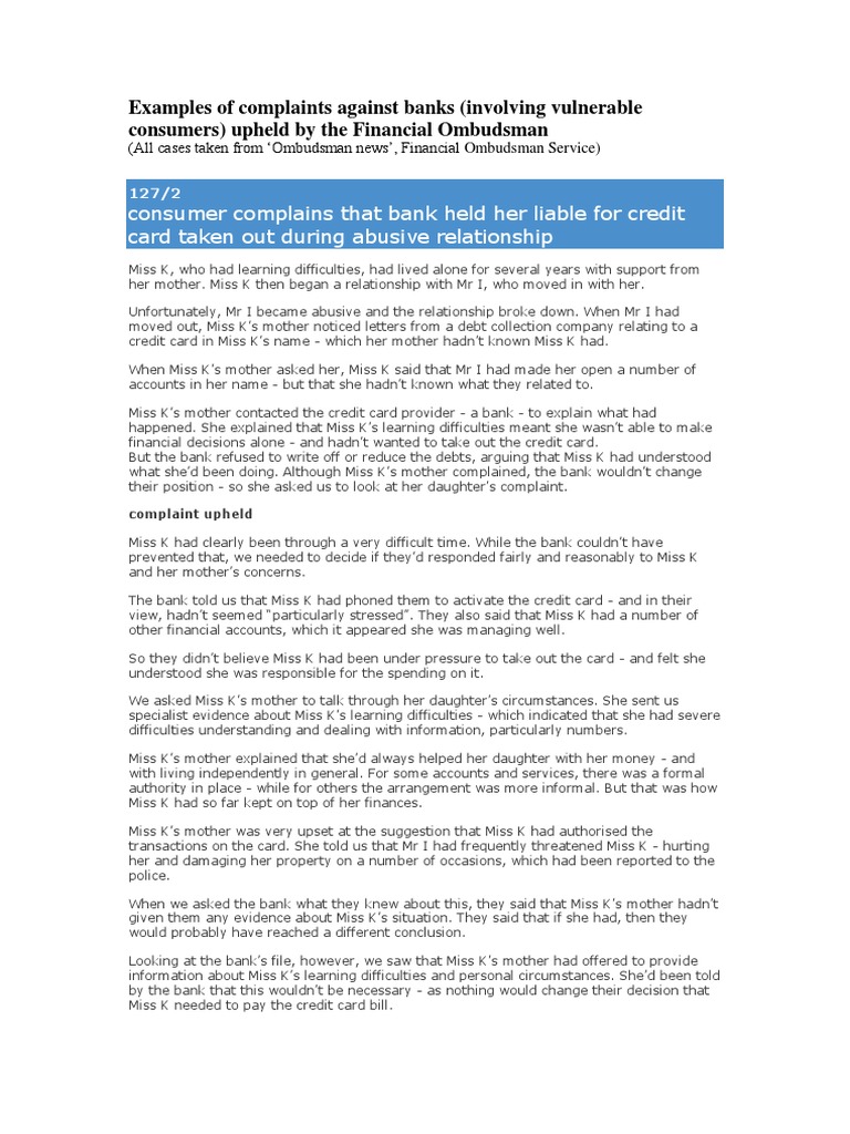 Examples of Complaints Against Banks | PDF | Transaction Account ...