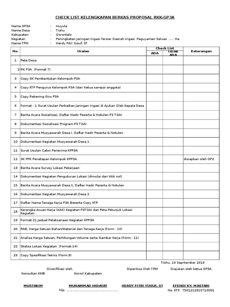 Check List Kelengkapan Berkas Proposal Kp-P3a | PDF