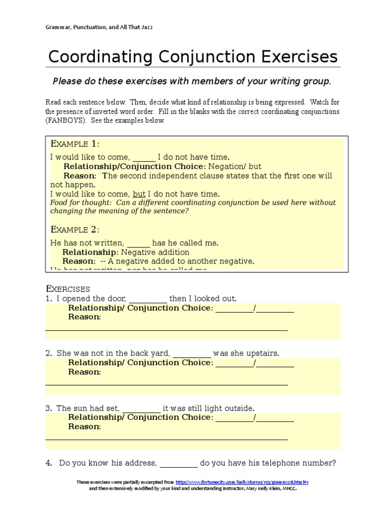 Coordinating Conjunction Exercises I | PDF | Sentence (Linguistics ...