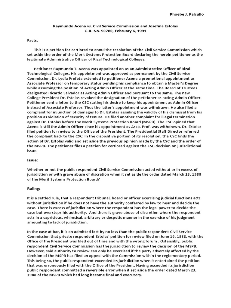 Raymundo Acena vs. Civil Service Commission and Josefina Estolas (Case ...
