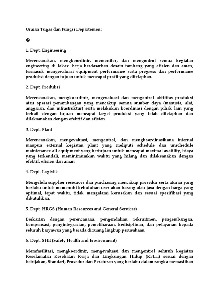 Uraian Tugas Dan Fungsi Departemen Project Tambang | PDF