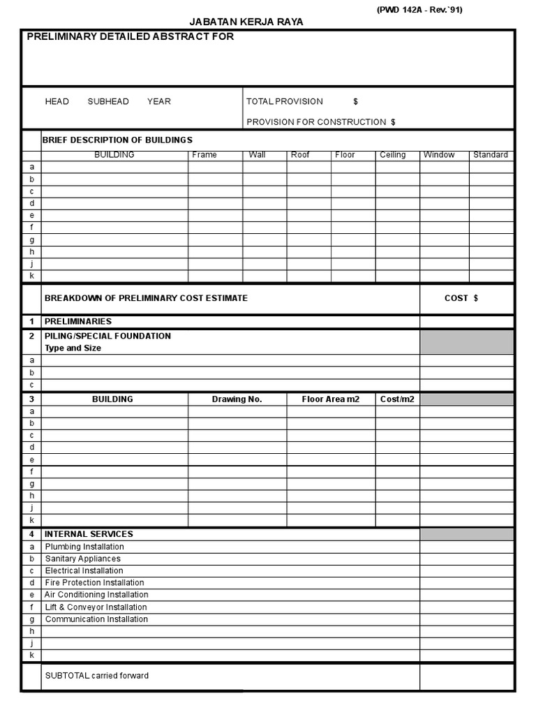 Jabatan Kerja Raya Preliminary Detailed Abstract For | PDF ...
