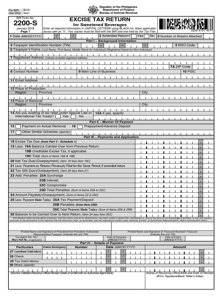 BIRForm 2200-S VersionJan2018 | PDF | Drink | Government Finances
