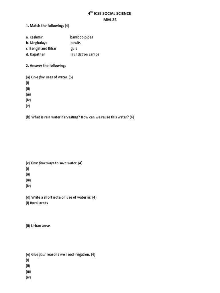 4th Icse Social Science Test | PDF