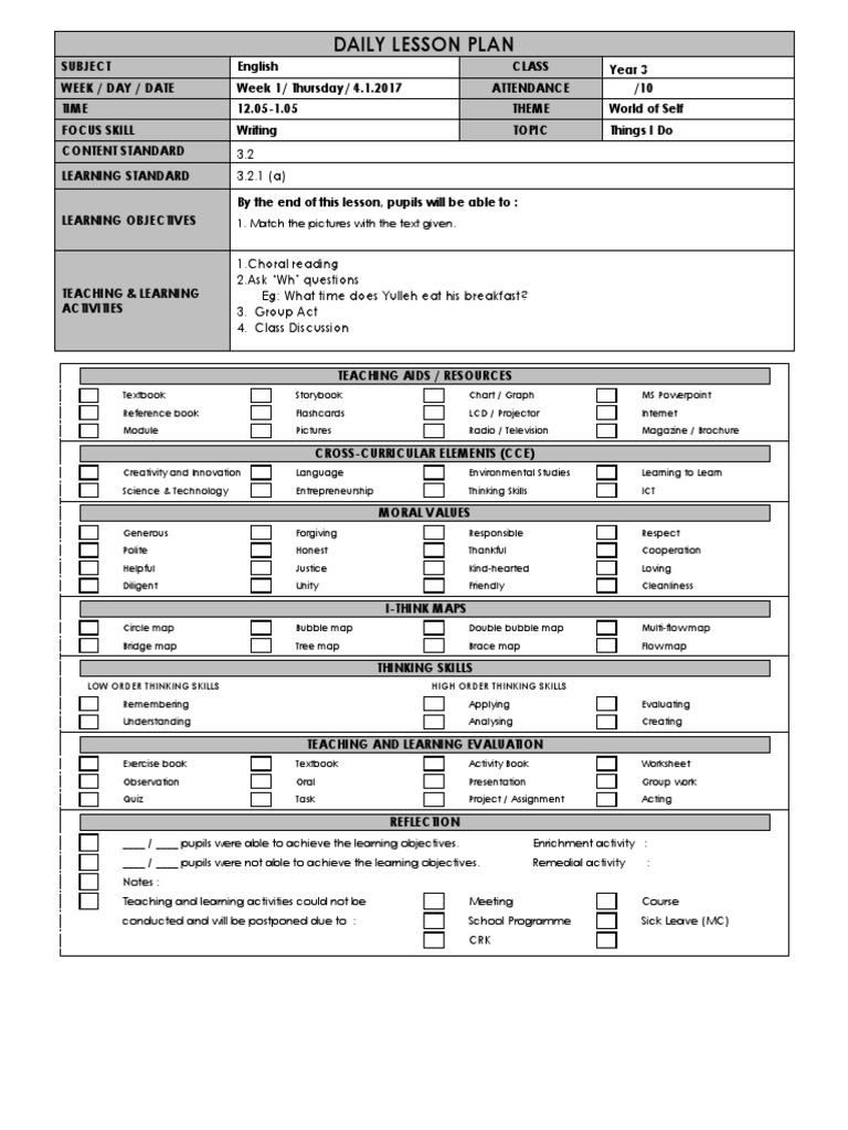 Daily Lesson Plan: Low Order Thinking Skills High Order Thinking Skills ...